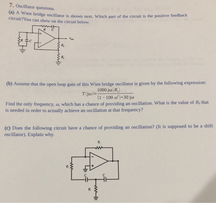 Solved 7. Oscillator questions (a) A Wien bridge oscillator | Chegg.com