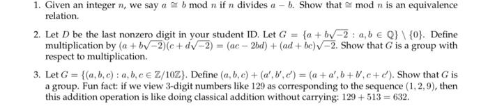 Solved 1. Given an integer n, we say a 2 b mod n if n | Chegg.com