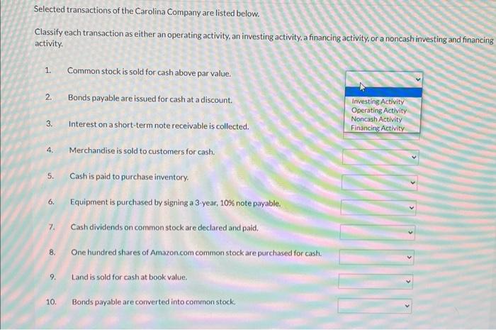 Solved Selected transactions of the Carolina Company are | Chegg.com