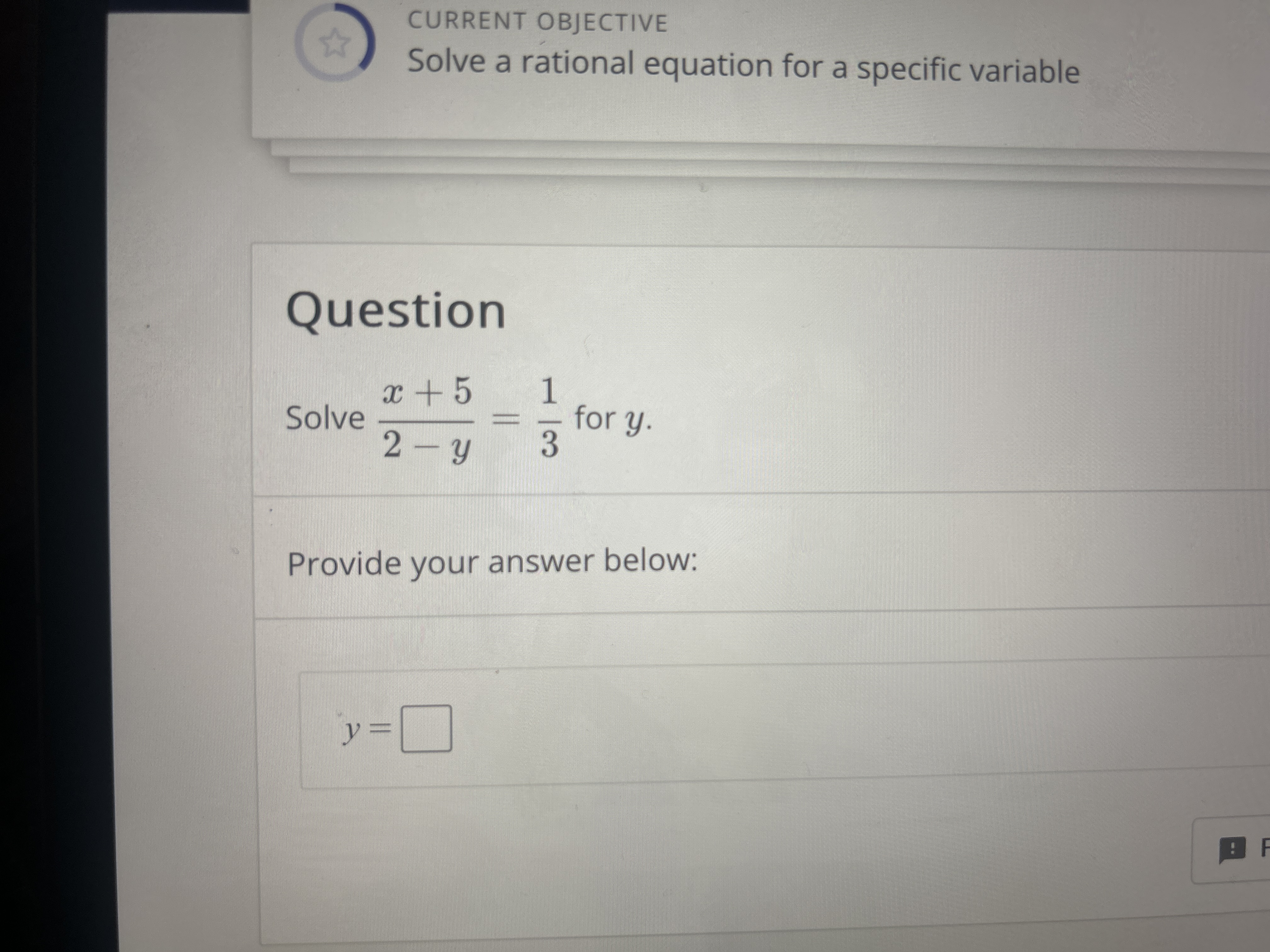 Solved QuestionSolve x+52-y=13 ﻿for y.Provide your answer | Chegg.com
