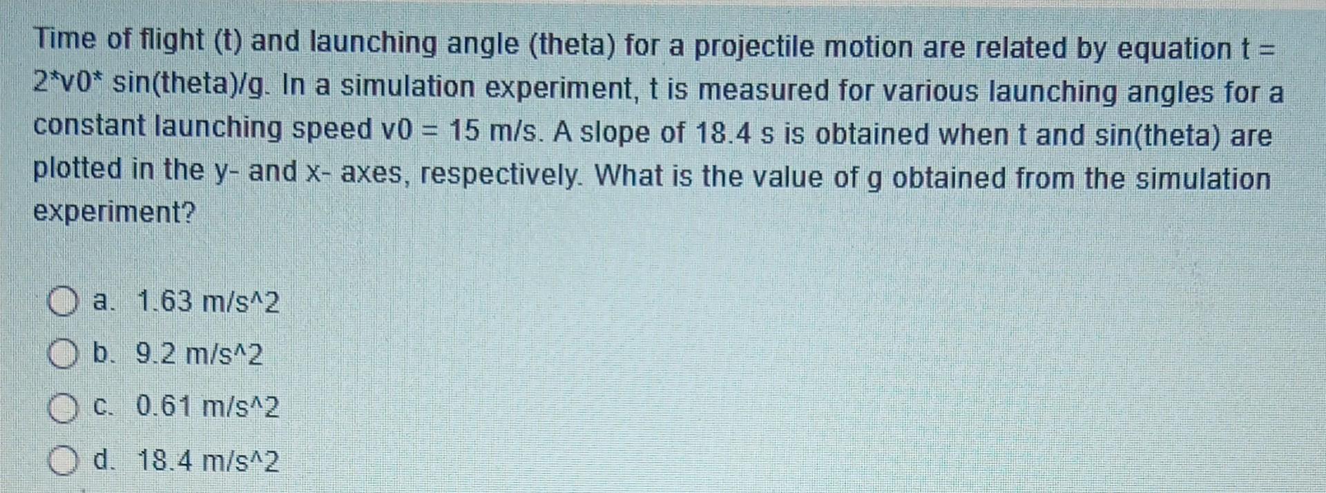 Solved Time of flight (t) and launching angle (theta) for a | Chegg.com