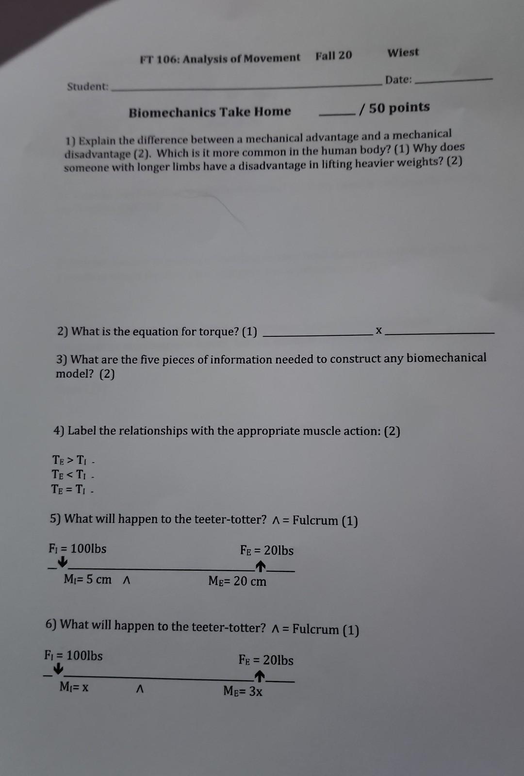 Solved Biomechanics Take Home / 50 points 1) Explain the | Chegg.com