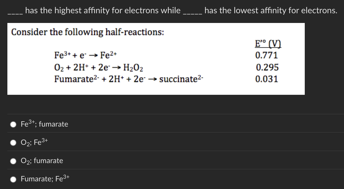 Solved has the highest affinity for electrons whilehas the | Chegg.com
