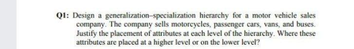 Solved Q1: Design a generalization-specialization hierarchy | Chegg.com