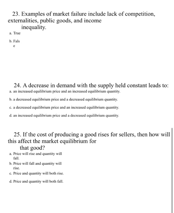 Solved 23. Examples of market failure include lack of | Chegg.com