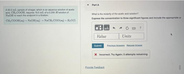 Solved A 20.0ml sample of vinegar, which is an aqueous | Chegg.com