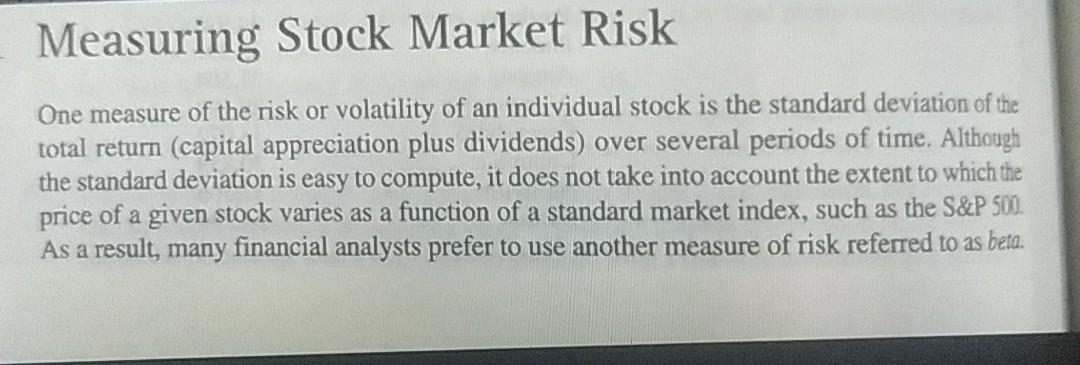 Solved Measuring Stock Market Risk One measure of the risk | Chegg.com