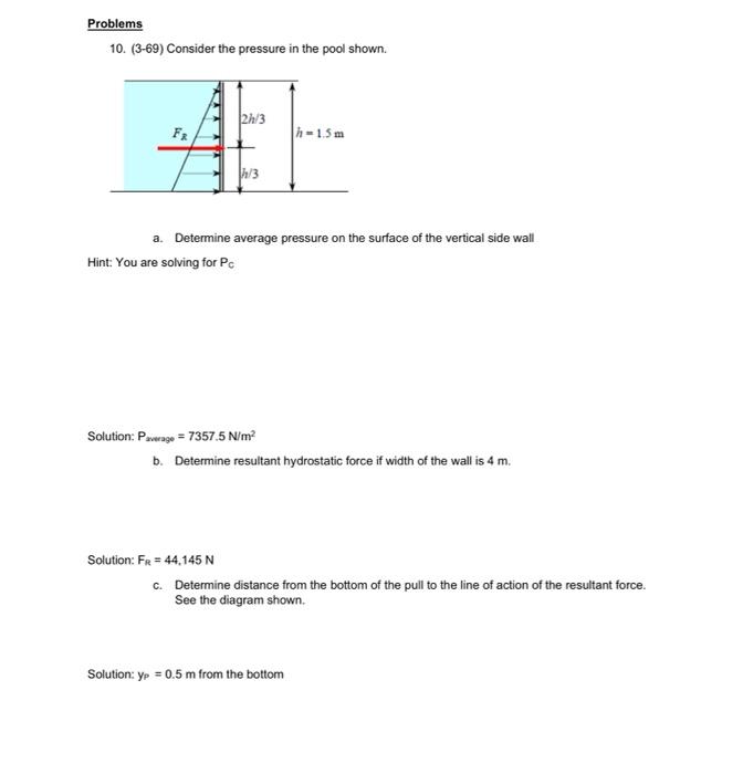 Solved Problems 10. (3-69) Consider the pressure in the pool | Chegg.com