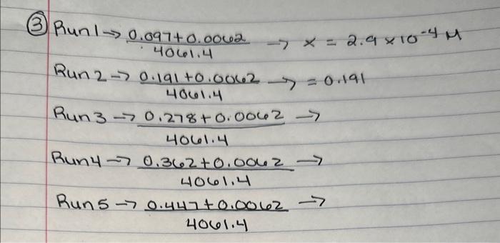 Solved (3) Run1→4061.40.097+0.0062→x=2.9×10−4M Run | Chegg.com