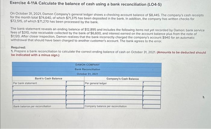 Solved Exercise 4-10A Calculate the balance of cash using a | Chegg.com