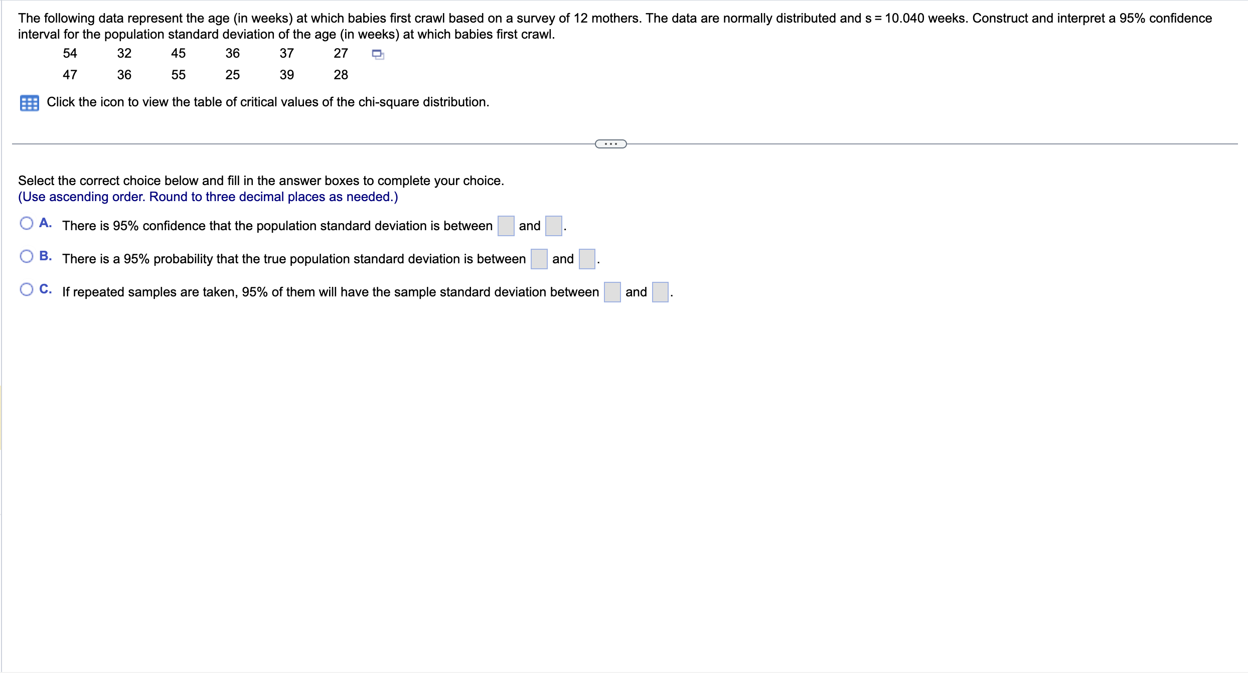 Solved The following data represent the age (in weeks) ﻿at | Chegg.com