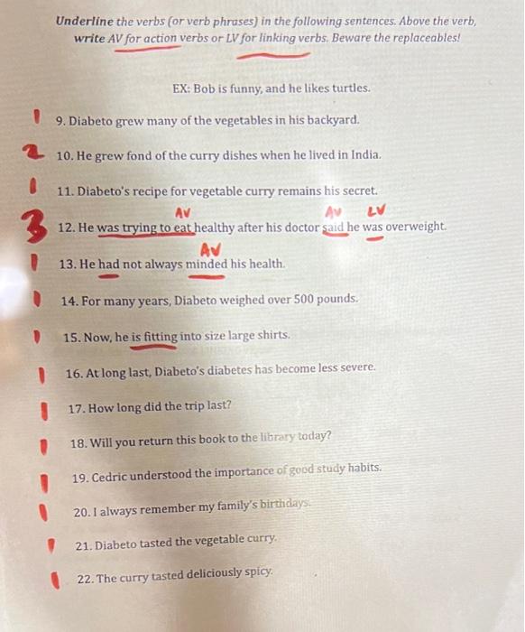 Underline the verbs (or verb phrases) in the | Chegg.com