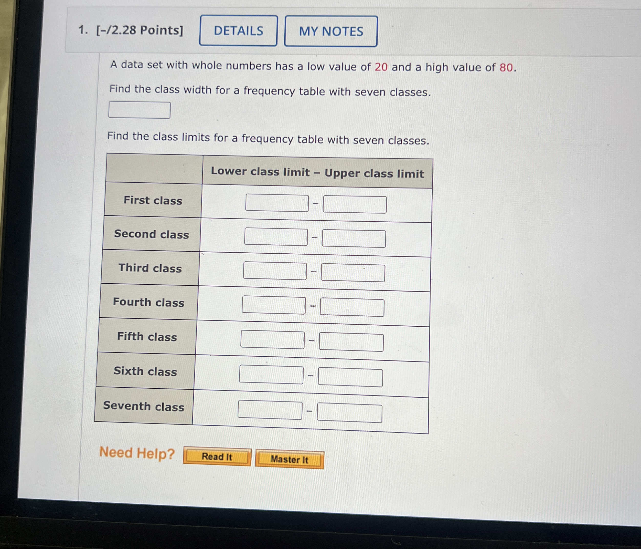 Solved A data set with whole numbers has a low value of 20 | Chegg.com