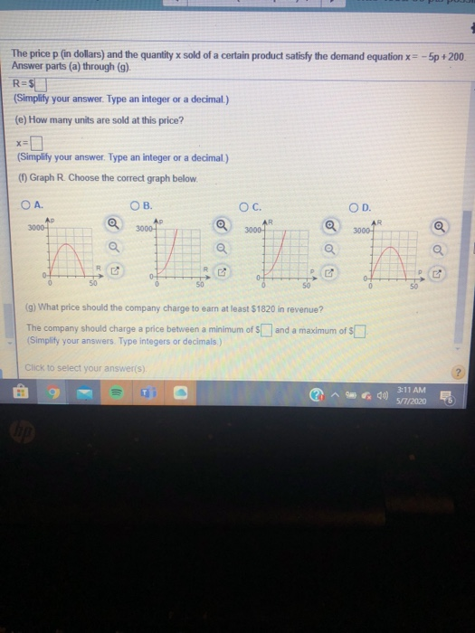 Solved The price p (in dollars) and the quantity x sold of a | Chegg.com