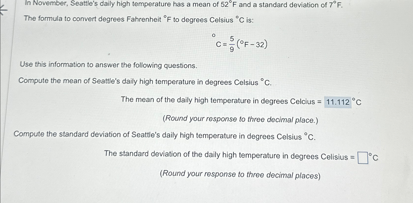 Solved In November, Seattle's daily high temperature has a | Chegg.com