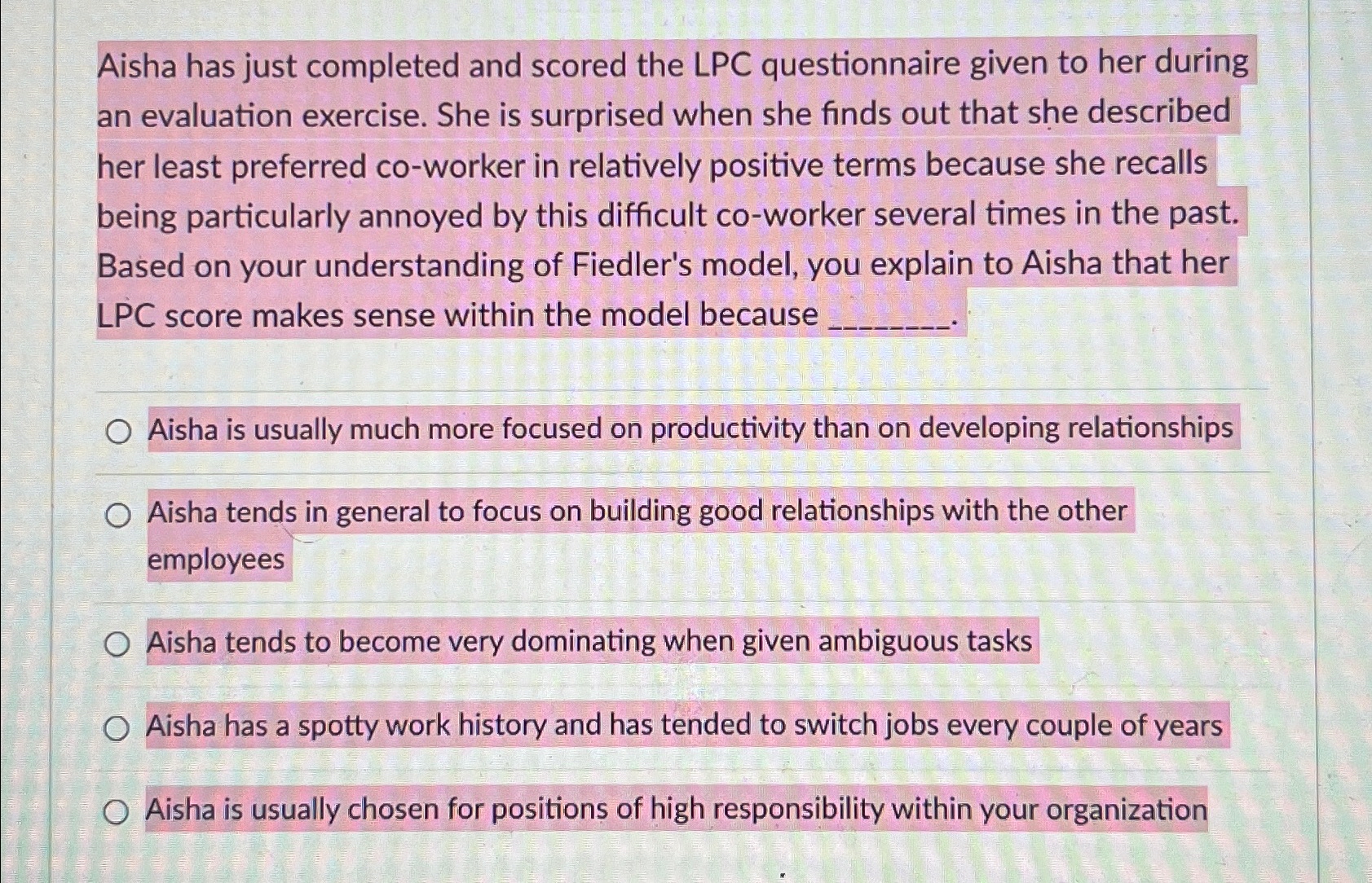 Solved Aisha has just completed and scored the LPC | Chegg.com