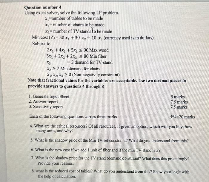 Solved Question number 4 Using excel solver, solve the | Chegg.com