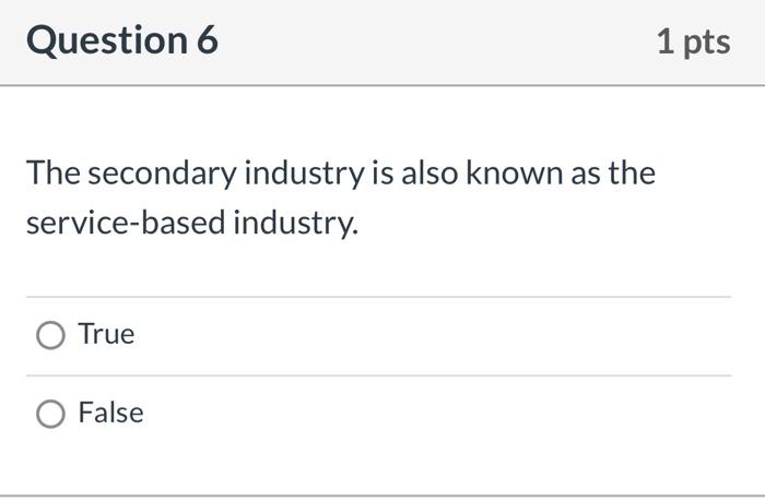 Solved Question 6 1 pts The secondary industry is also known | Chegg.com