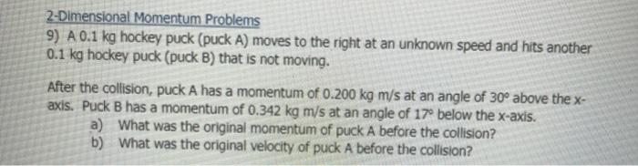 Solved 2-Dimensional Momentum Problems 9) A 0.1 kg hockey | Chegg.com