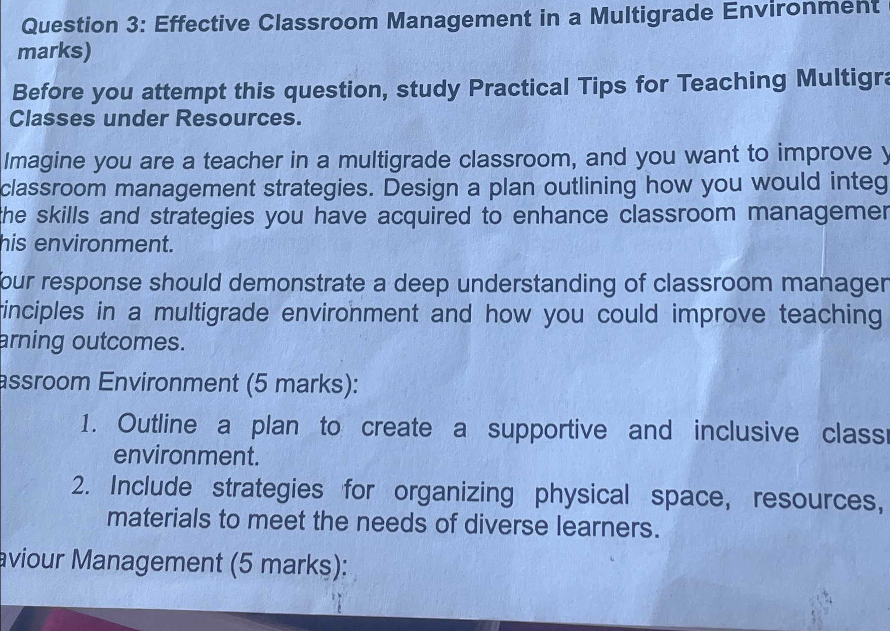 Solved • ﻿Question 3: Effective Classroom Management in a | Chegg.com