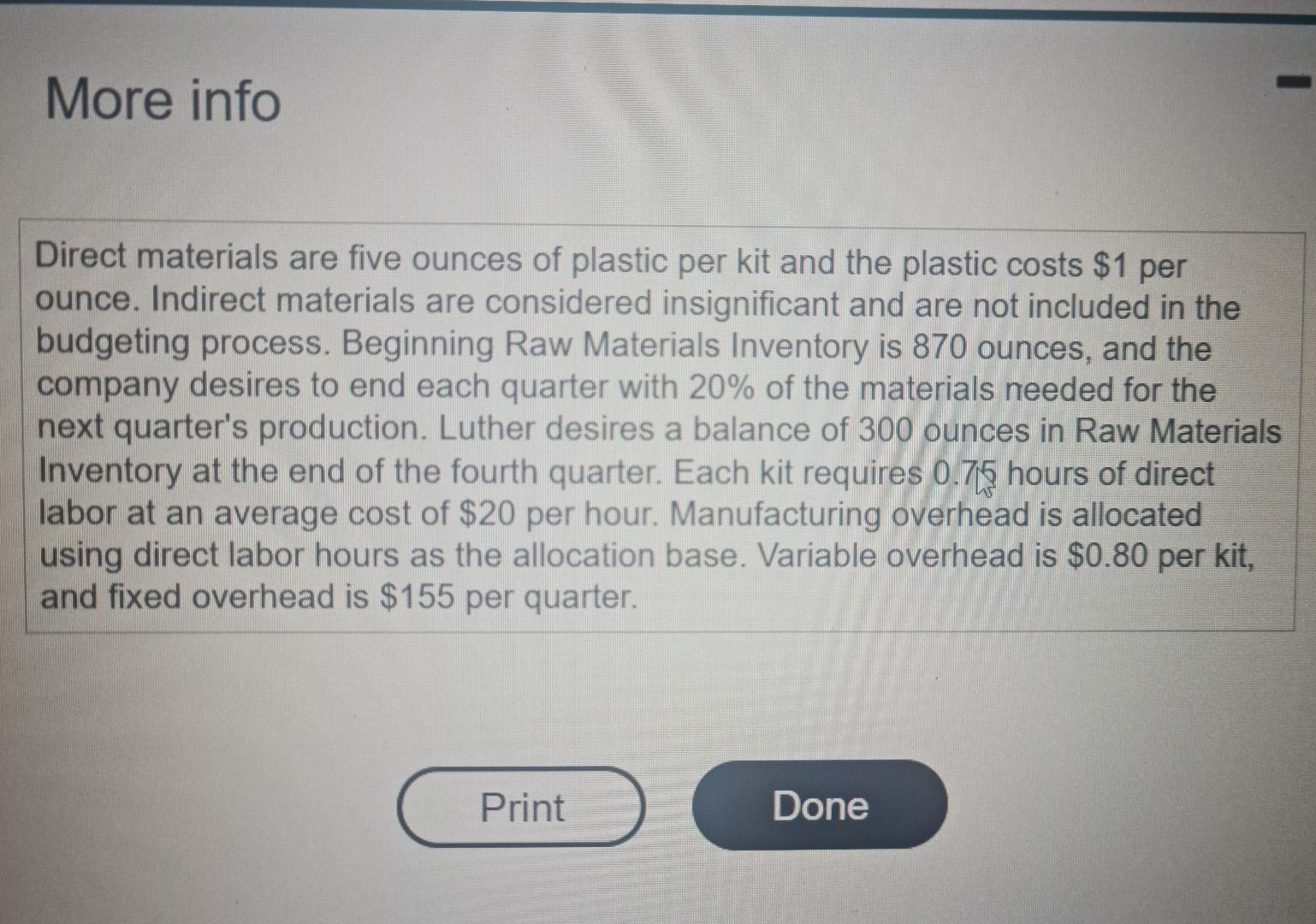 More info Direct materials are five ounces of plastic | Chegg.com