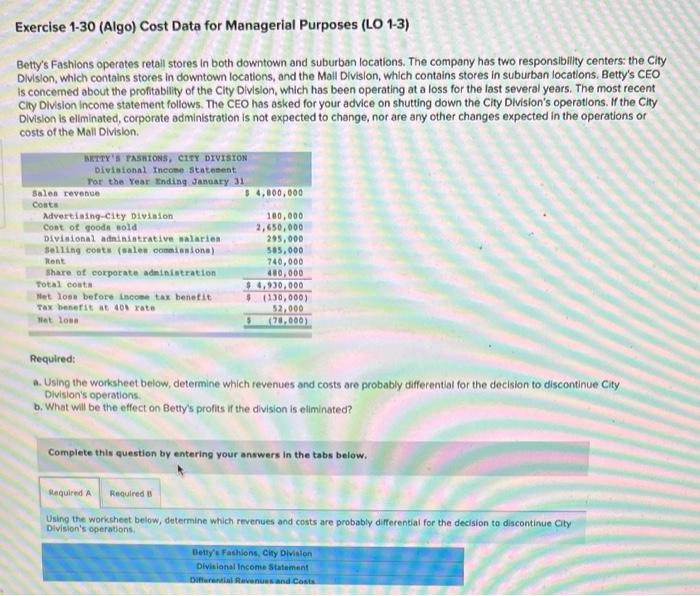 Solved Exercise 1-30 (Algo) Cost Data for Managerial | Chegg.com