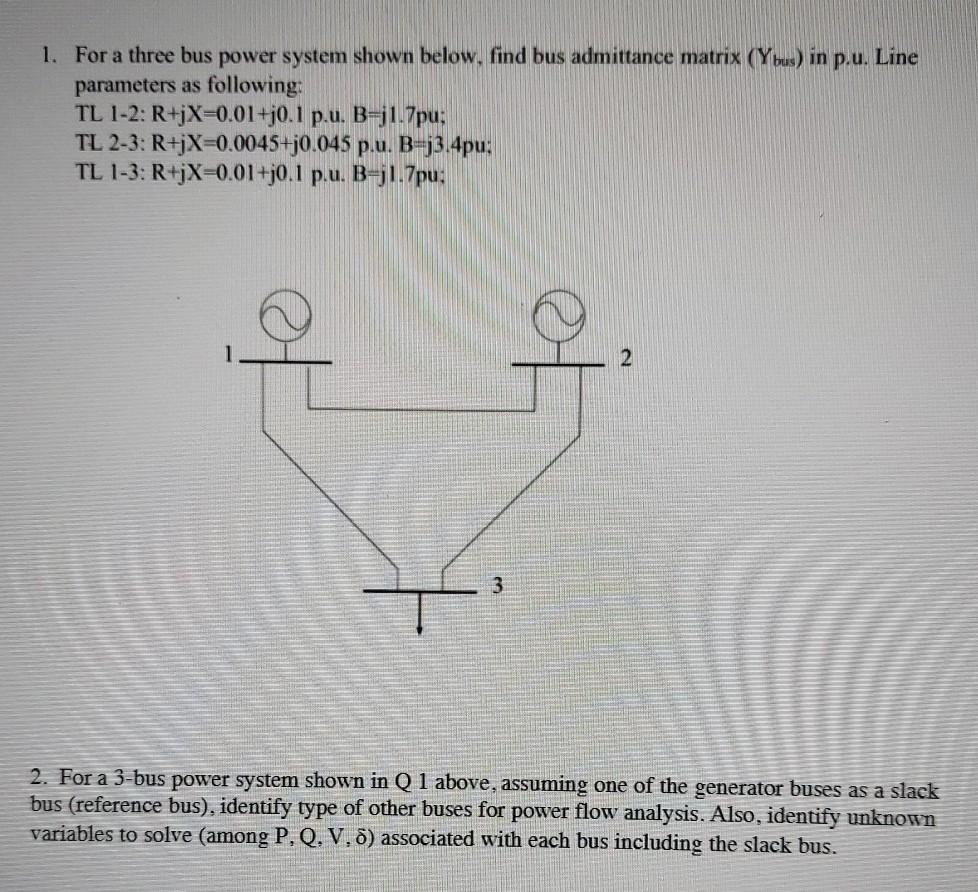 Solved 1. For a three bus power system shown below, find bus | Chegg.com