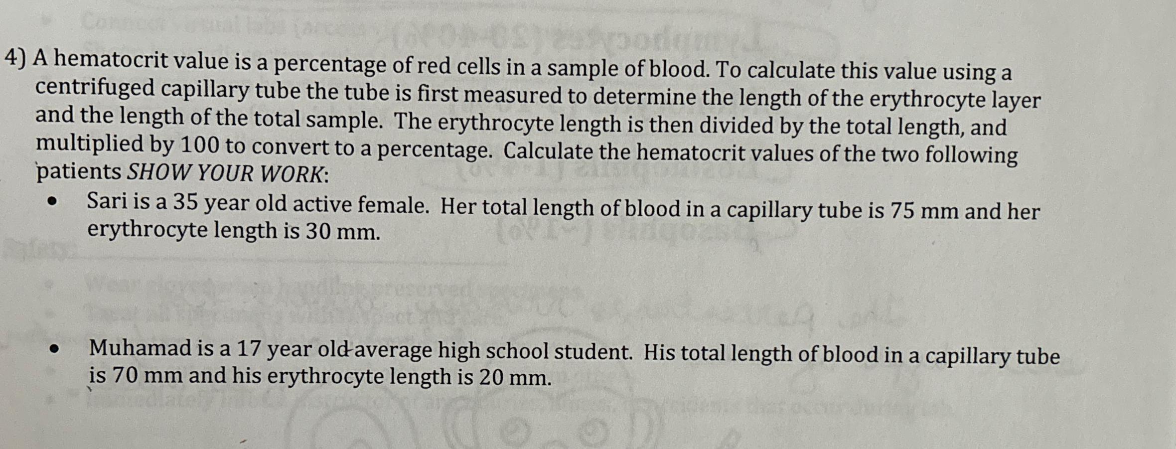 Solved A hematocrit value is a percentage of red cells in a | Chegg.com