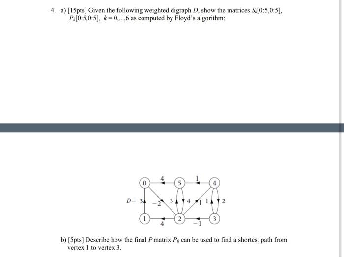 Solved 4. a) [15pts] Given the following weighted digraph D, | Chegg.com