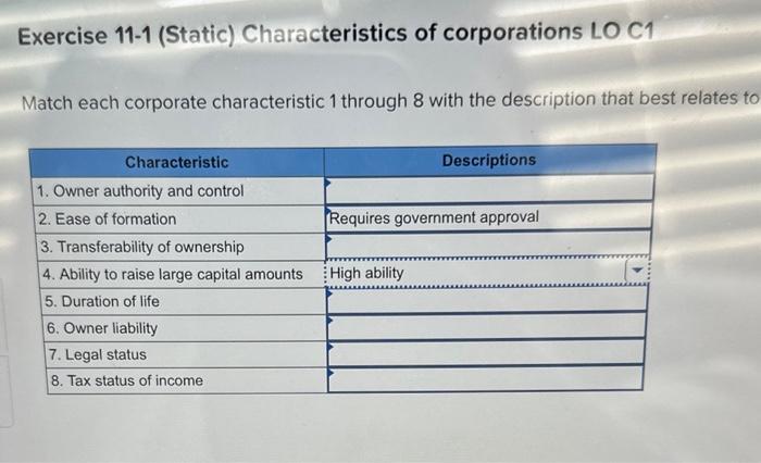Solved Match each corporate characteristic 1 through 8 with | Chegg.com
