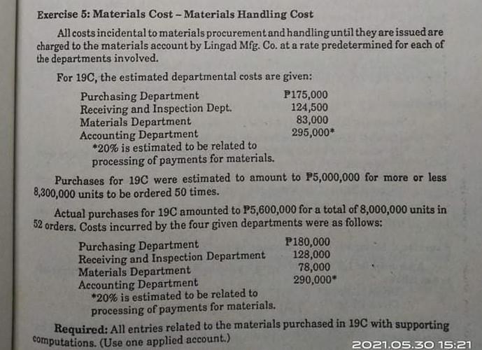 Exercise 5: Materials Cost - Materials Handling Cost | Chegg.com