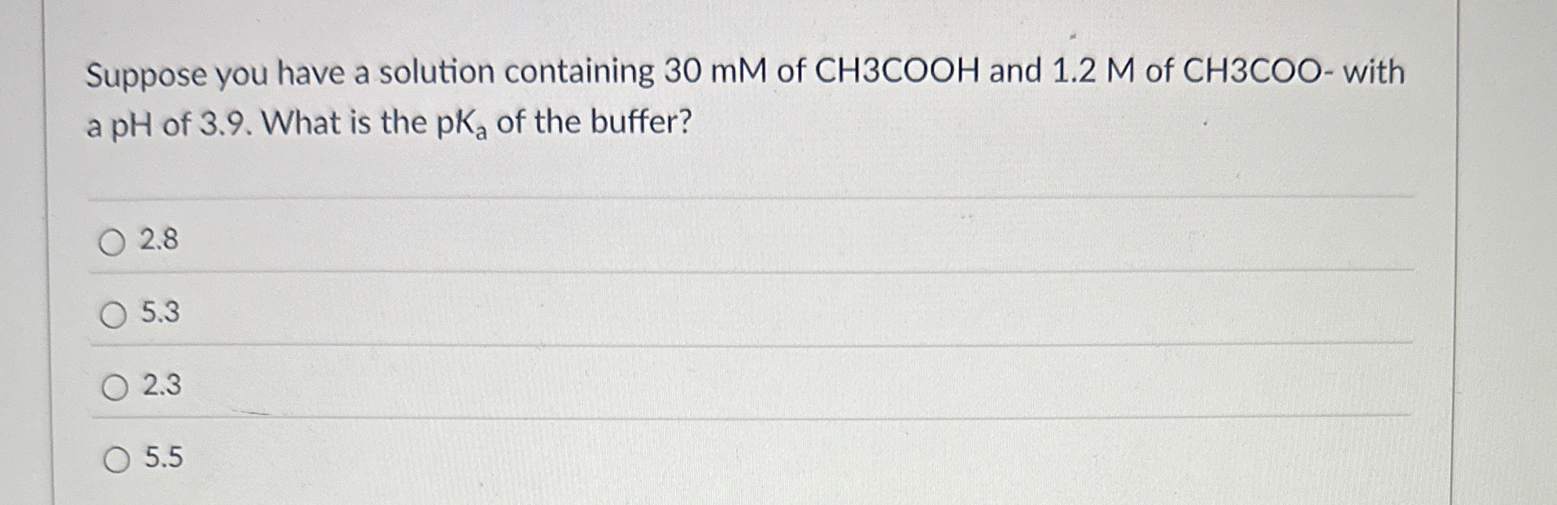 Solved Suppose you have a solution containing 30 ﻿mM of CH 3 | Chegg.com