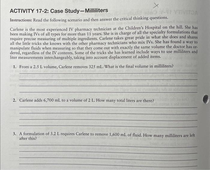 Solved ACTIVITY 17-2: Case Study-Milliliters Instructions: | Chegg.com
