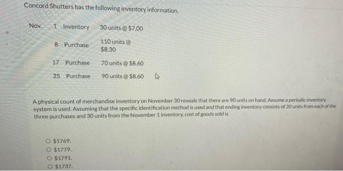 Solved A physical count of merchandise inventory on November | Chegg.com