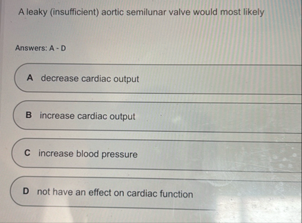 Solved A leaky (insufficient) ﻿aortic semilunar valve would | Chegg.com