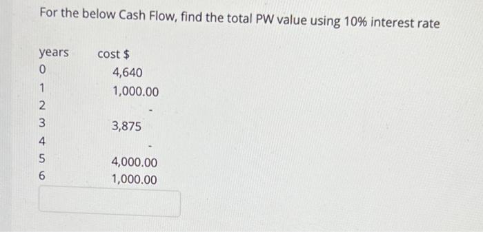 Solved For the below Cash Flow, find the total PW value | Chegg.com