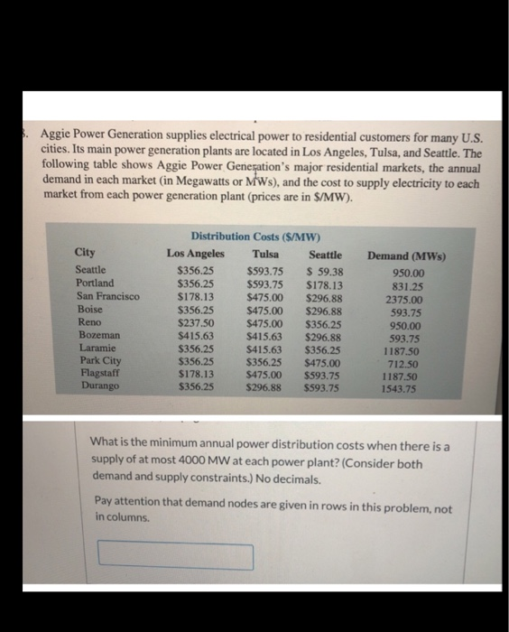 Solved Aggie Power Generation supplies electrical power to | Chegg.com