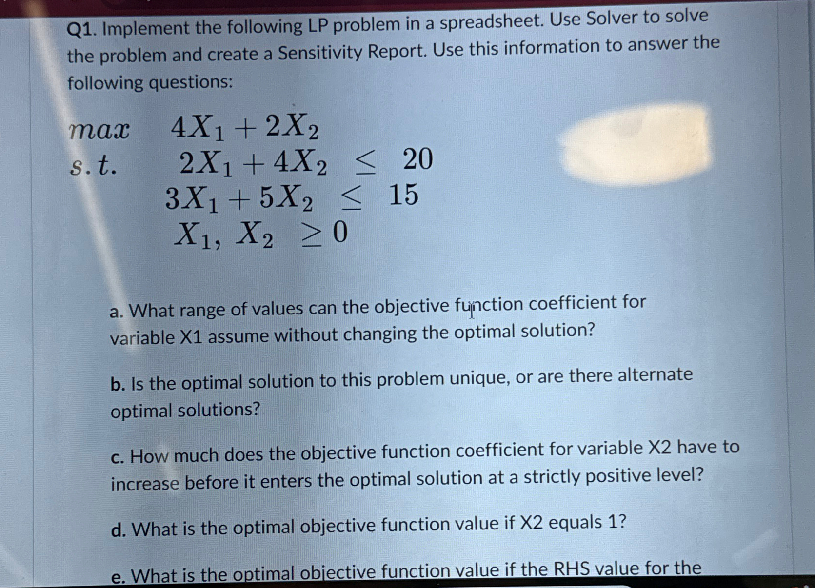Solved Q1. ﻿Implement the following LP problem in a | Chegg.com