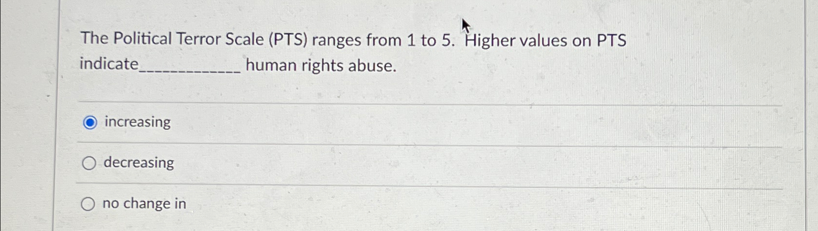 Solved The Political Terror Scale (PTS) ﻿ranges from 1 ﻿to | Chegg.com