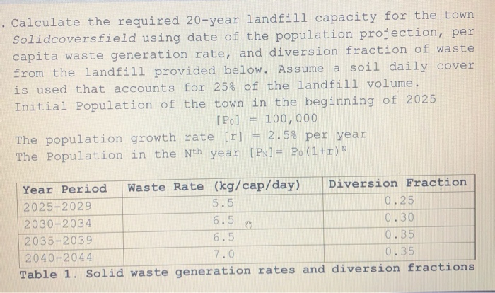 Solved Calculate the required 20-year landfill capacity for | Chegg.com