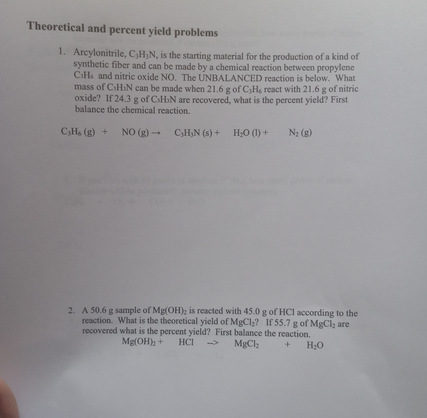 Solved Theoretical and percent yield problems 1. | Chegg.com