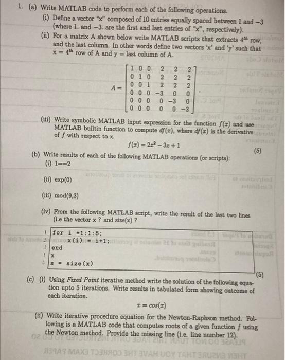 Solved 1. (a) Write MATLAB code to perform each of the | Chegg.com