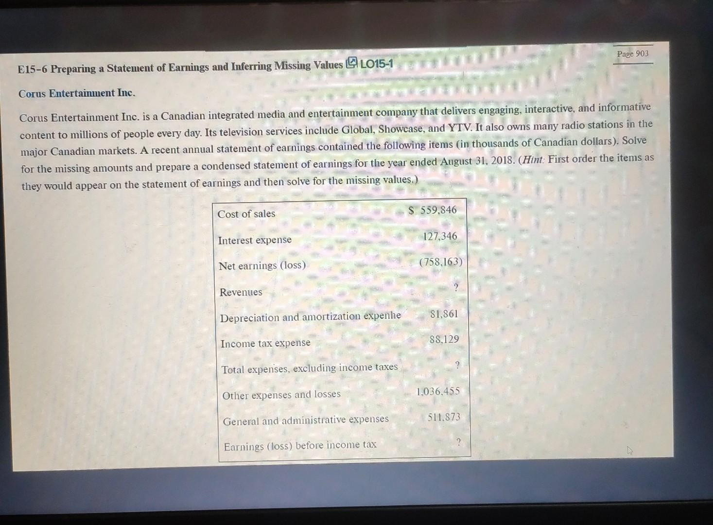 Solved E15-6 Preparing a Statement of Earnings and Inferring | Chegg.com