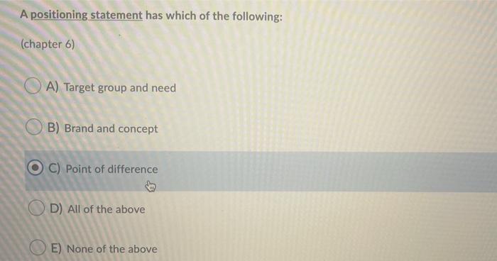 Solved A positioning statement has which of the following: | Chegg.com