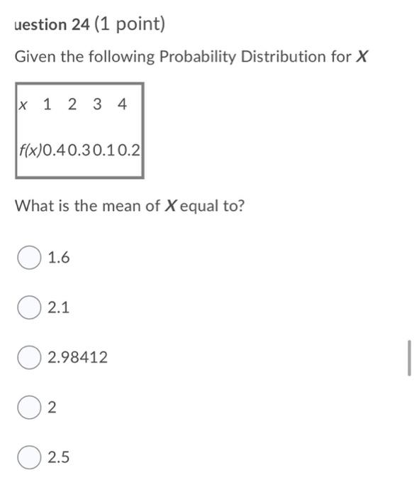 Solved uestion 24 (1 point) Given the following Probability | Chegg.com
