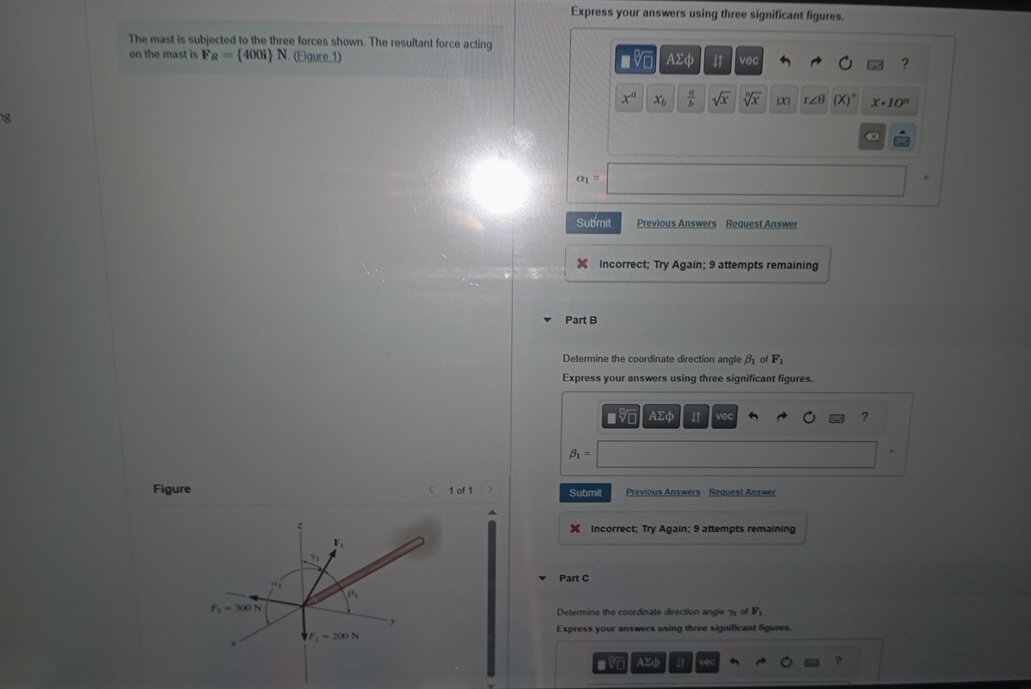 Solved The mast is subjected to the three forces shown. The | Chegg.com
