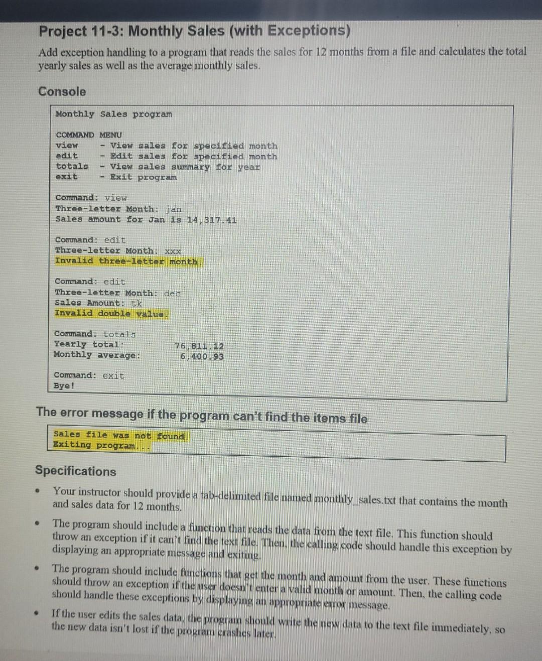 Solved Project 11-3: Monthly Sales (with Exceptions) Add | Chegg.com