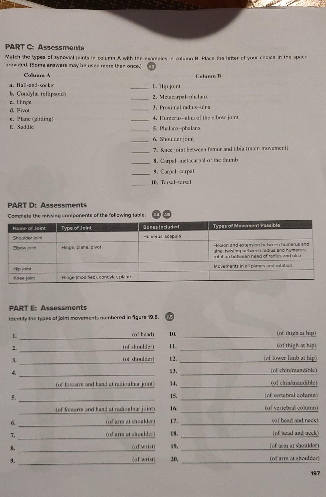 Solved PART C: Assessments Match the types of synovial | Chegg.com