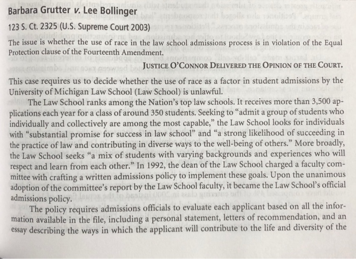 Solved Barbara Grutter v. Lee Bollinger 123 S. Ct. 2325 | Chegg.com