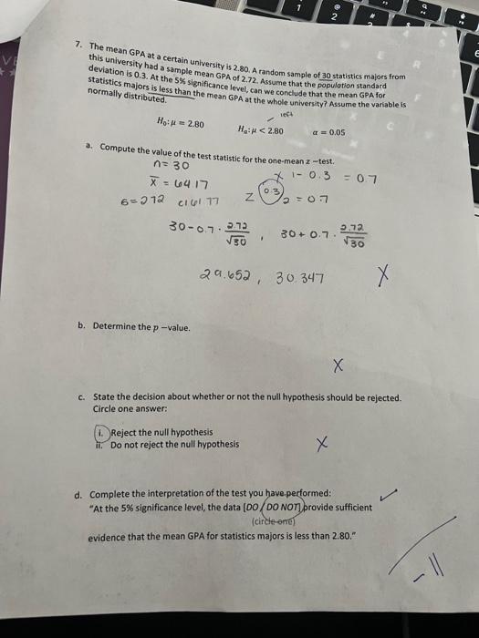 Solved 7. The mean GPA at a certain university is 2.80 . A | Chegg.com
